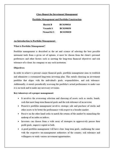 Class Report For Investment Management Pdf Investing Investment