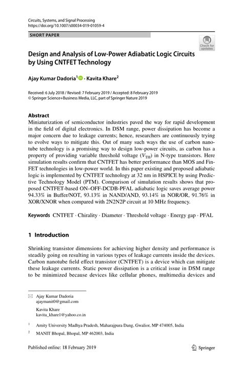 PDF Design And Analysis Of Low Power Adiabatic Logic Circuits By