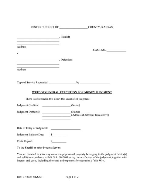 Kansas Writ Of General Execution For Money Judgment Fill Out Sign
