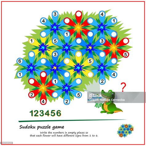 어린이를 위한 논리 스도쿠 퍼즐 게임 빈 곳에 숫자를 쓰면 각 꽃이 1에서 6까지 다른 기호를 가질 수 있습니다 아이들의 두뇌 티저 북을 위한 인쇄 가능한 페이지 온라인으로