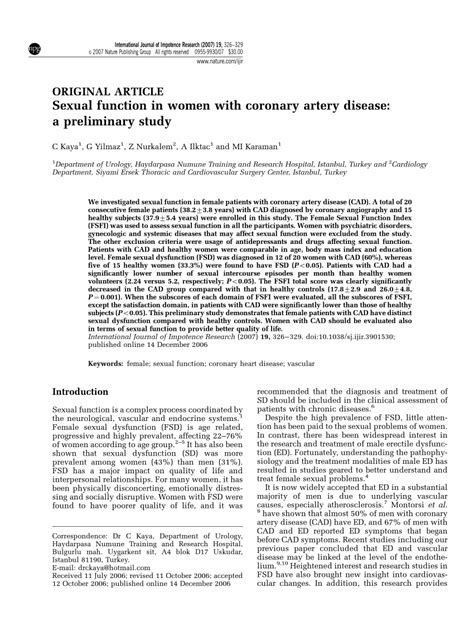 Pdf Sexual Function In Women With Coronary Artery Disease A