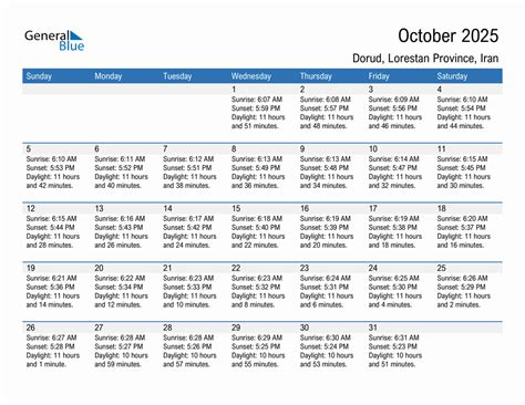 October 2025 Sunrise And Sunset Calendar For Dorud Pdf Excel Word