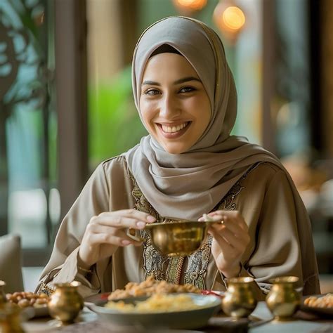 Premium Photo A Woman Is Smiling While Holding A Tea Cup