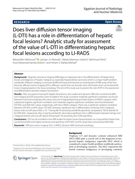 Pdf Does Liver Diffusion Tensor Imaging L Dti Has A Role In Differentiation Of Hepatic Focal