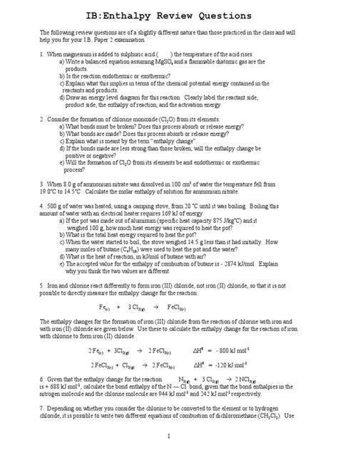 Enthalpy Review Questions Enthalpy Chemical Reactions Free 30 Day Trial Scribd