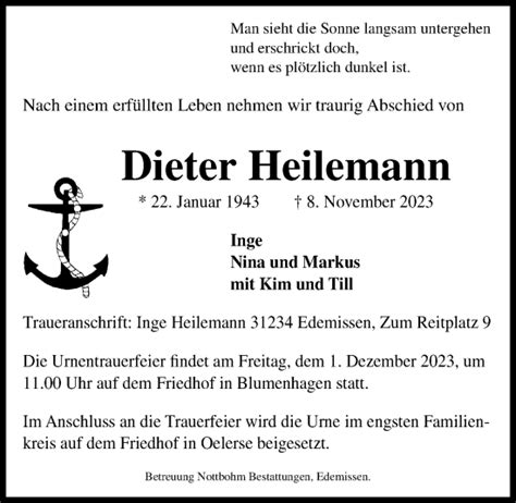 Traueranzeigen Von Dieter Heilemann Trauer Anzeigende