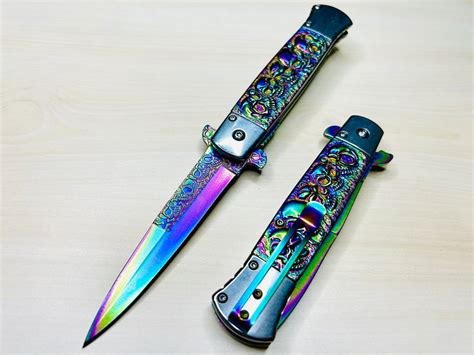 9 Rainbow Skull Tactical Cool Knife Spring Assisted Open Blade Folding