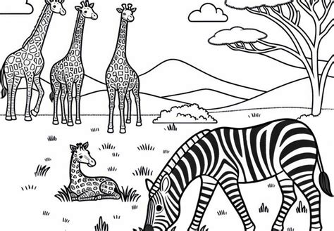 Zebra Pokojne Pasie V Savane S žirafami V Pozadí Jednoduchý Obrázok Na