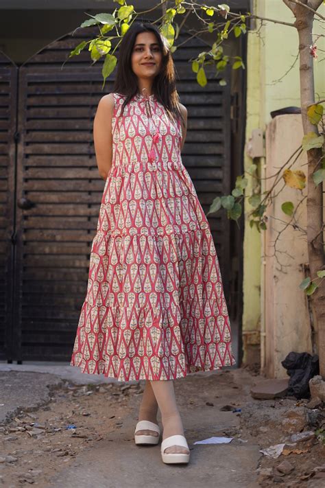 Handblock Print Cotton Maxi Dress Bohemian Sleeveless Tiered Gown