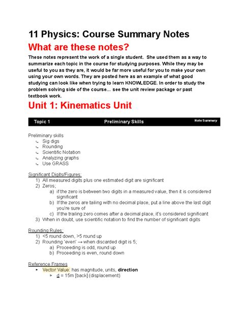 Copy Of 11 Physics Course Summary Example Notes 11 Physics Course