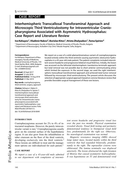 Pdf Interhemispheric Transcallosal Transforaminal Approach And