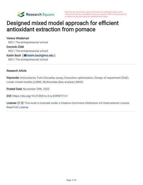Pdf Designed Mixed Model Approach For Efficient Antioxidant