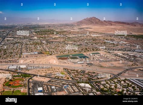 Aerial View Of The Las Vegas Cityscape From An Airplane At Nevada Stock