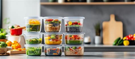 Plastic Containers With Assorted Food Neatly Stacked On Top Of Each