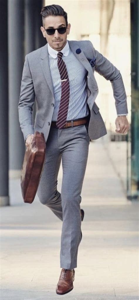 Gray And Black Suit With Brown Shoes