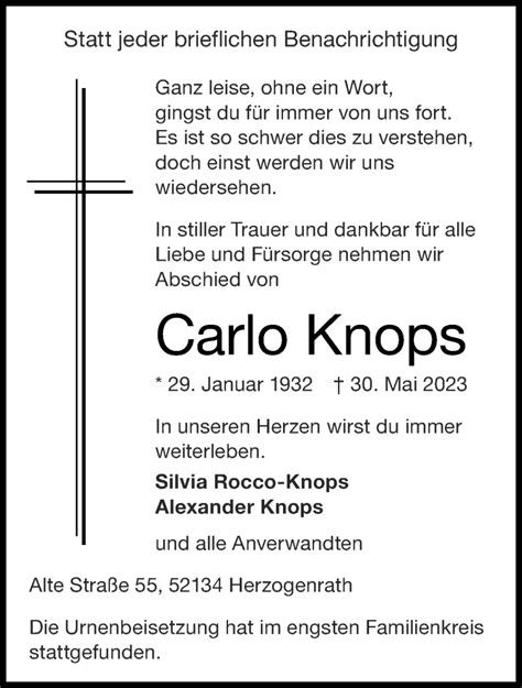 Traueranzeigen Von Carlo Knops Aachen Gedenkt
