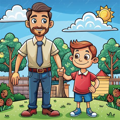 Una Caricatura De Un Padre Y Un Hijo Tomados De La Mano En Un Parque Vector Premium