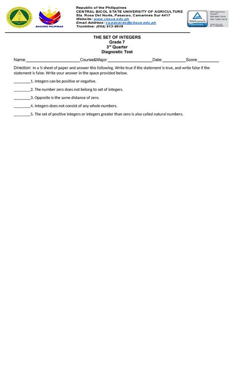 Grade 7 Math Integers 3rd Quarter Diagnostic Test Studocu