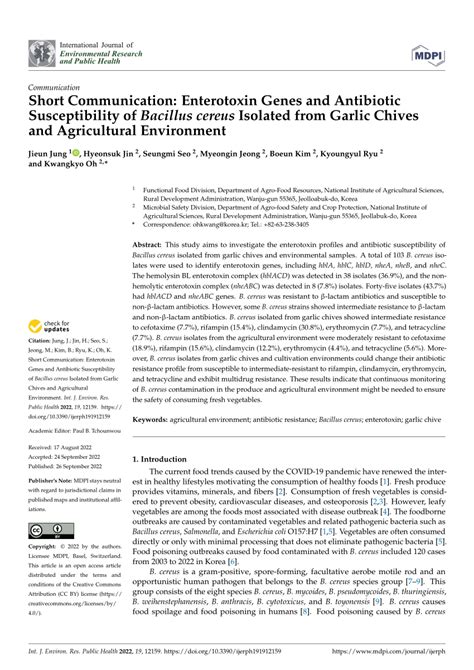 Pdf Short Communication Enterotoxin Genes And Antibiotic Susceptibility Of Bacillus Cereus