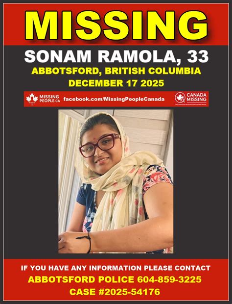 Missing Woman In Abbotsford British Columbia Sonam Ramola 33 Last Seen December 17 2025