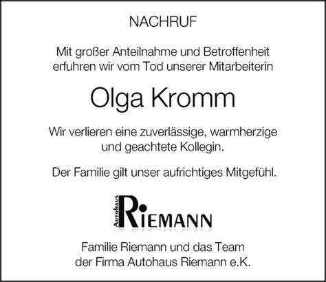 Traueranzeigen Von Olga Kromm Om Trauer De