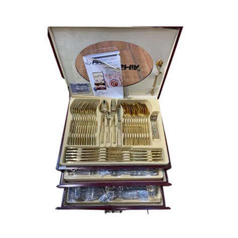 Arshia Premium Gold Cutlery Set 128 Piece With Wooden Box