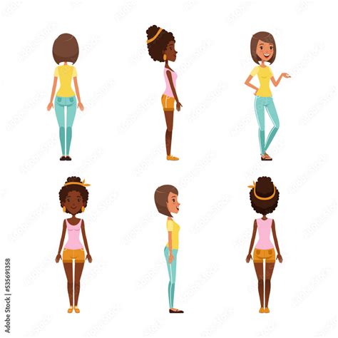 Full Length Portraits Of Girls Posing Back Front And Side View Female