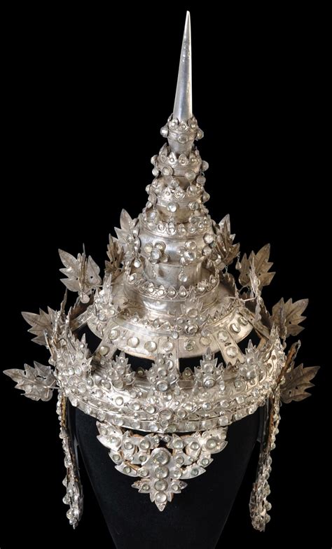 Pair Of Silver Clad Thai Dance Crowns For Rama And Sita With Original