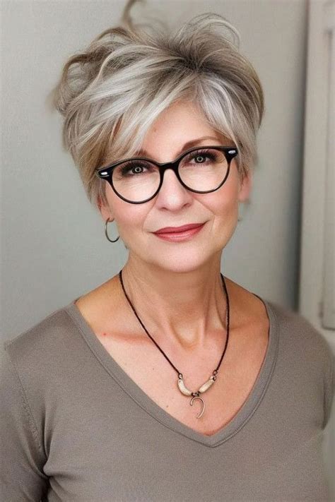 Low Maintenance Pixie Cut For Over 60 With Glasses White Blonde Hair