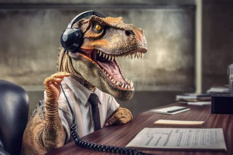 Funny Looking Dinosaur Wearing Headset At Office Desk Obsolete Dying