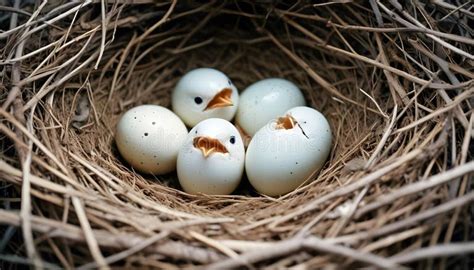 Hatching Bird Eggs In A Natural Nest Newborn Chicks Emerging From