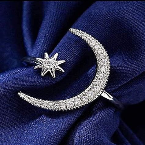 خاتم هلال ونجمه فضه ايطالي عيار 925، مقاس واحد فضي اونيكس، للنساء