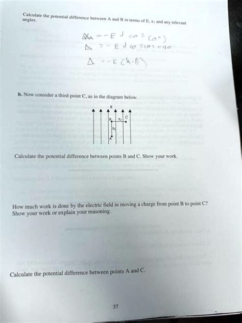 Calculate the potential difference between A and B in terms of E x and any relevant angles ΔV