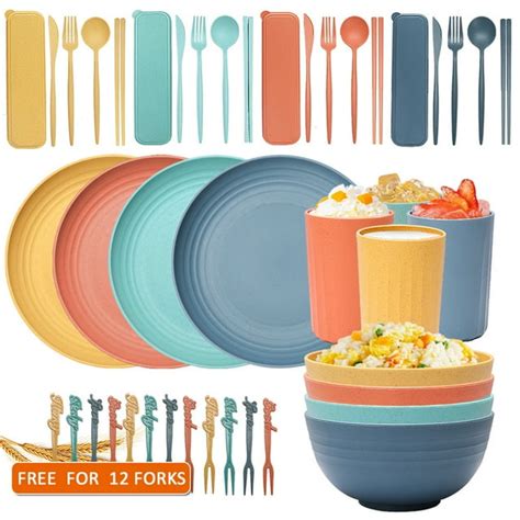 Aokelily 44pcs Wheat Straw Dinnerware Reusable Plates Bowls Set