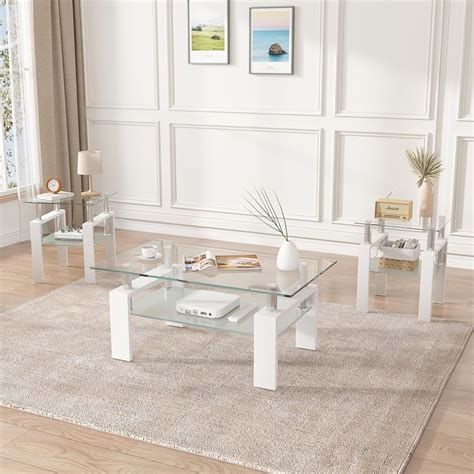 3 Piece Living Room Table Set Glass Coffee Table And End