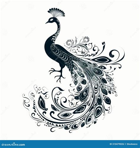 Black And White Peacock With Floral And Decorative Patterns In Flowing