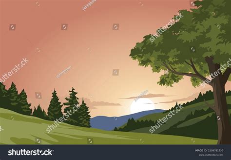 Vector Cartoon Sunset Landscape Mountain Forest Stock Vector Royalty