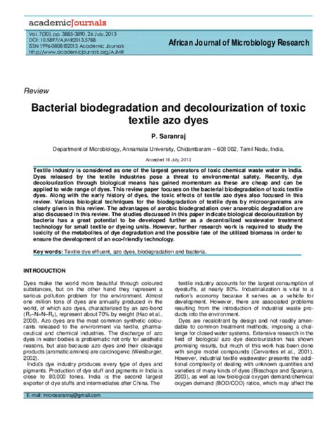 Pdf Bacterial Biodegradation And Decolourization Of Toxic Textile Azo Dyes