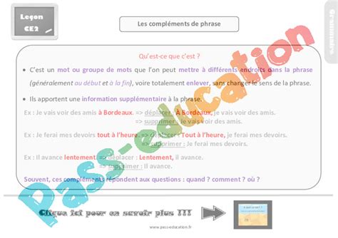 Leçon trace écrite sur les compléments de phrase Ce Pass Education