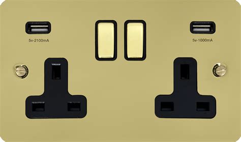 Gandh Fbul3910 Flat Polished Brass Unlacquered Double Socket With Usb Brass Switches