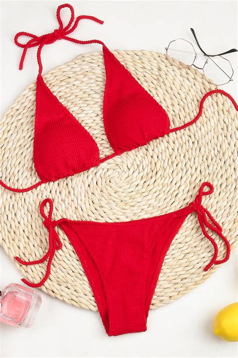 Red Crinkle Halter Bikini Top Okanna