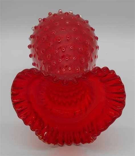 Fenton Ruby Red Hobnail Bubble Glass With Ruffle Rim Vase Circa 1960s