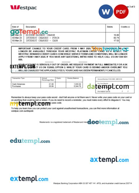 Australia Westpac Bank Statement Word And Pdf Template 3 Pages