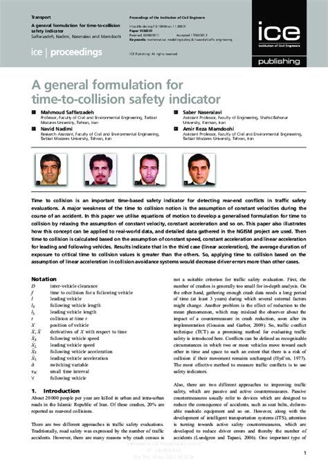 Pdf A General Formulation For Time To Collision Safety Indicator