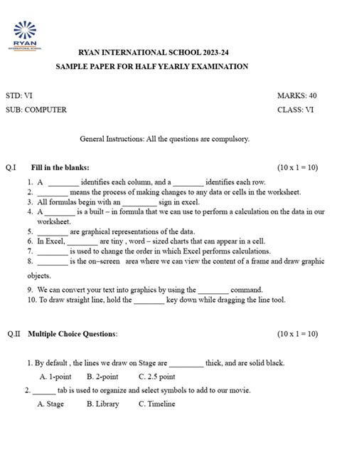 Class 6 Computer Half Yearly Sample Pdf Microsoft Excel Teaching