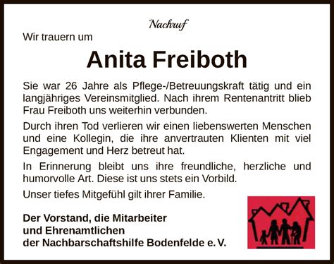 Traueranzeigen Von Anita Freiboth Trauer Hna De