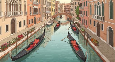 Gondolas On Venice Canal With Historical Buildings And Bridge