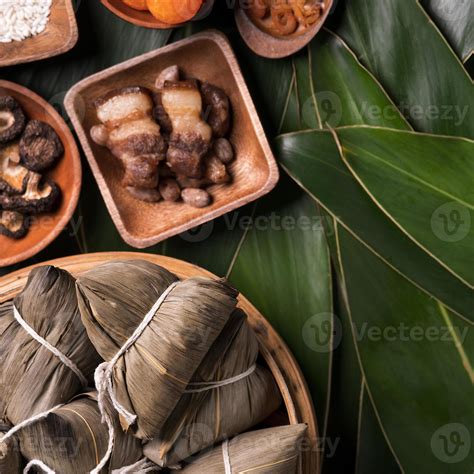 Rice Dumpling Zongzi Traditional Chinese Food On Green Leaf