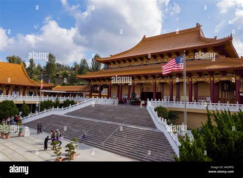 Hsi Lai Temple With American Flag At Los Angeles California Stock