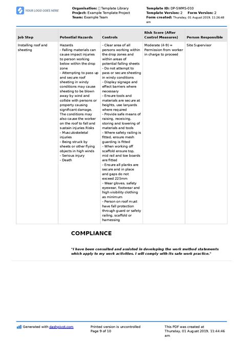Safe Work Method Statement For Roofing Roofing Swms Template